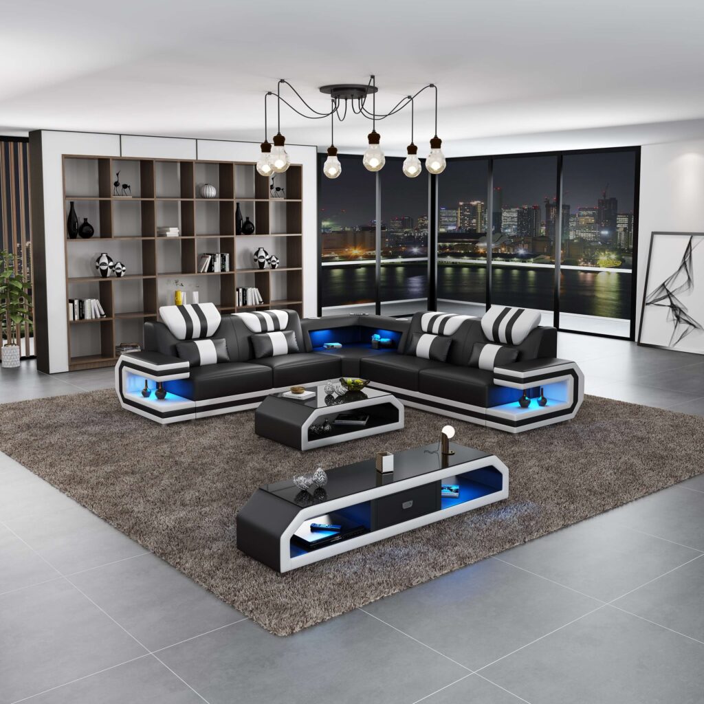 Lightspeed LED Modern Sectional W-Recliner Blue White Italian Leather ...