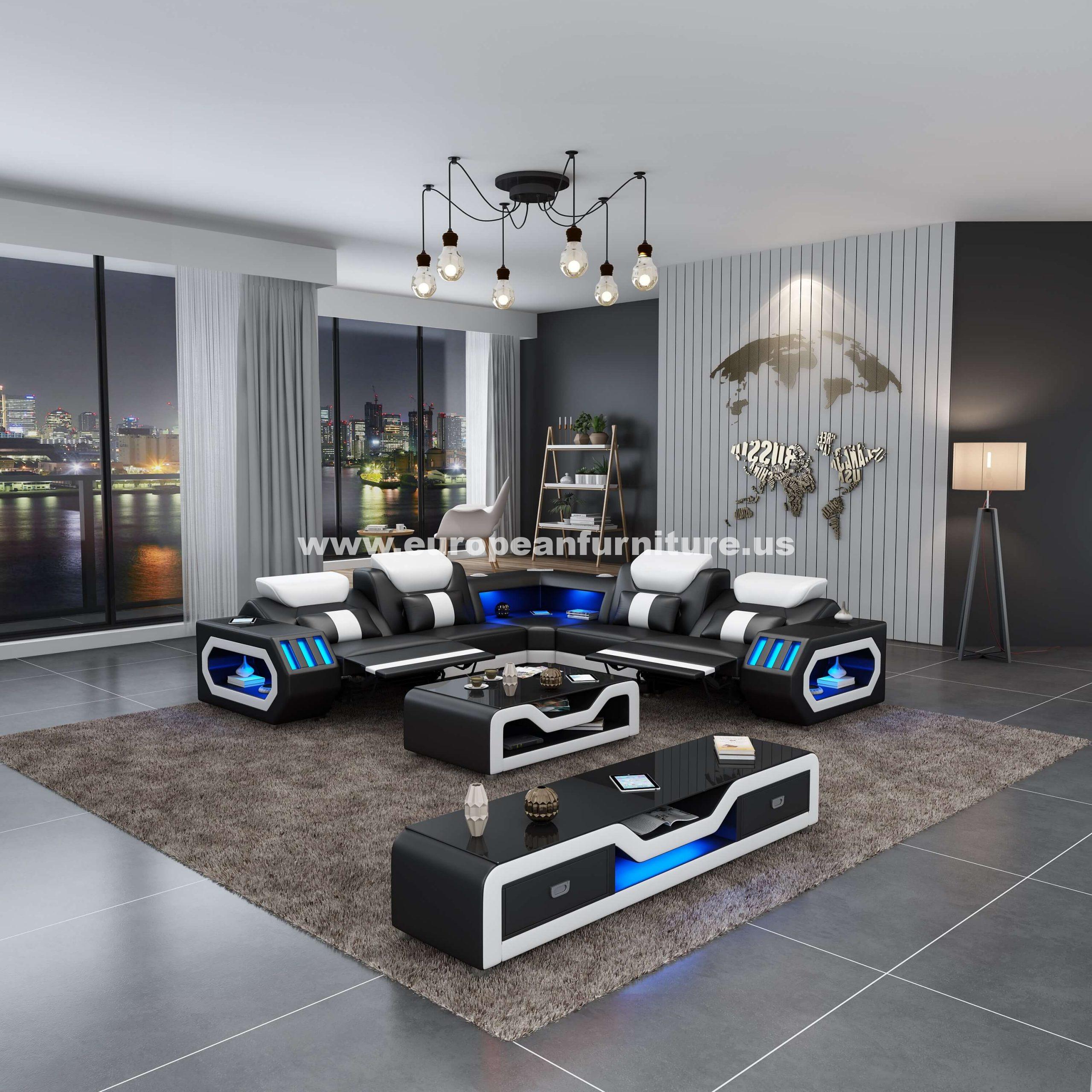 Spaceship LED Sectional Dual Recliner Black White Italian Leather ...